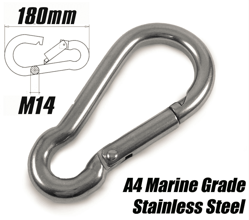 M14 x 180mm Marine Grade A4 Stainless Steel Carabiner Spring Hook Snap ...